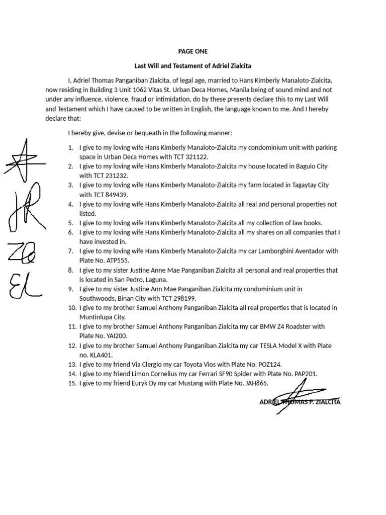 Last Will and Testament of Adriel Zialcita | PDF | Civil Law (Common ...