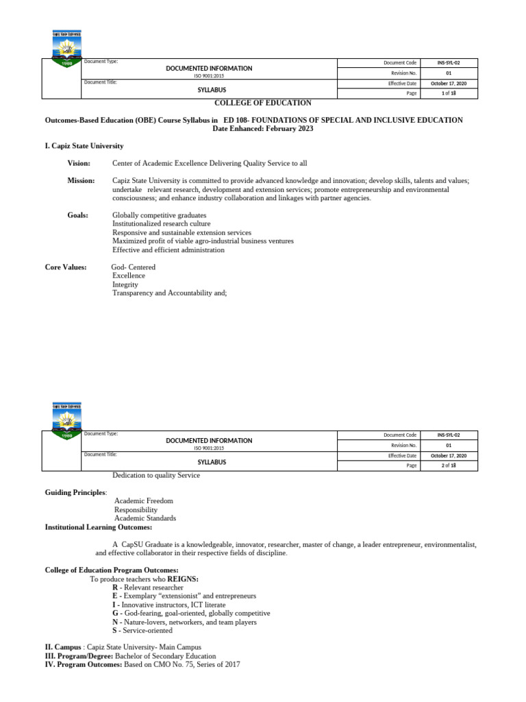 OBE Syllabus for Special Education Course | PDF | Learning | Special ...