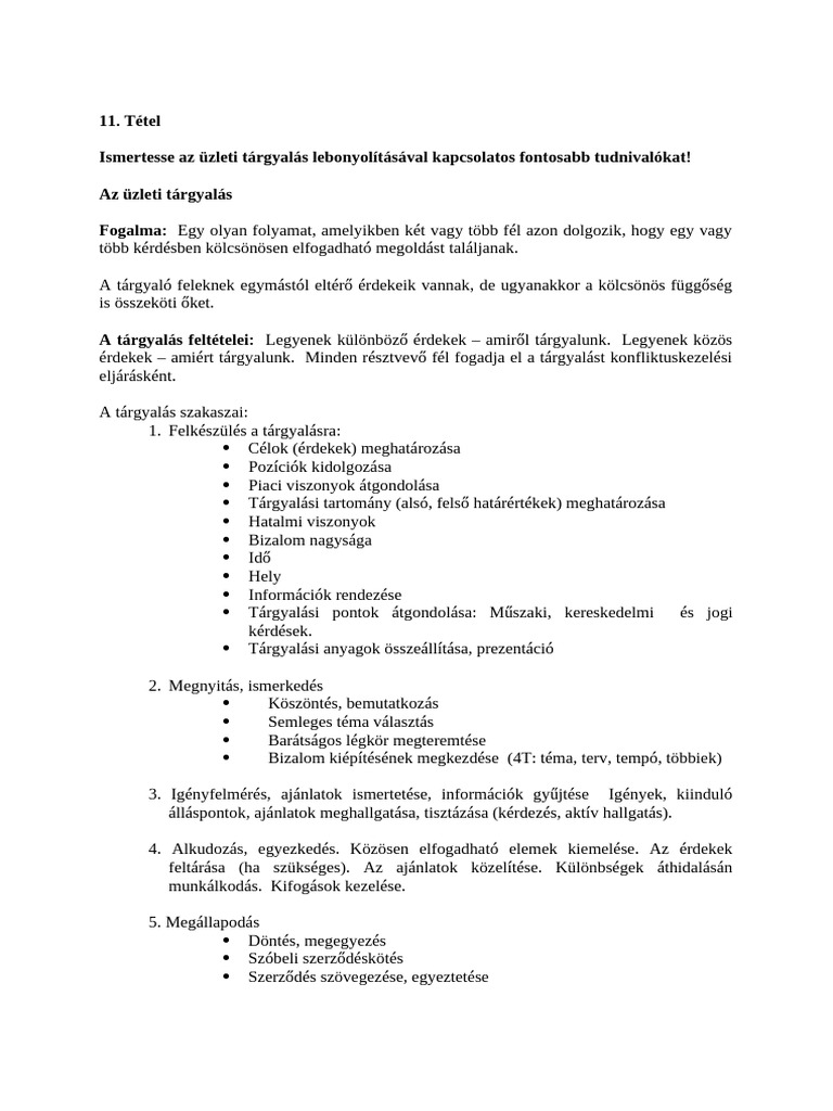 Tétel Az Üzleti Tárgyalás Lebonyolítása | PDF