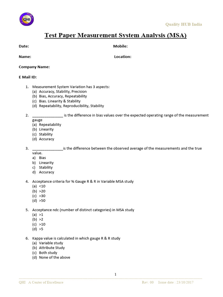MSA Test Paper(Q) | PDF | Accuracy And Precision | Applied Mathematics