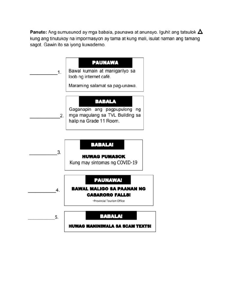 Babala Anunsyo at Paunawa Activity | PDF
