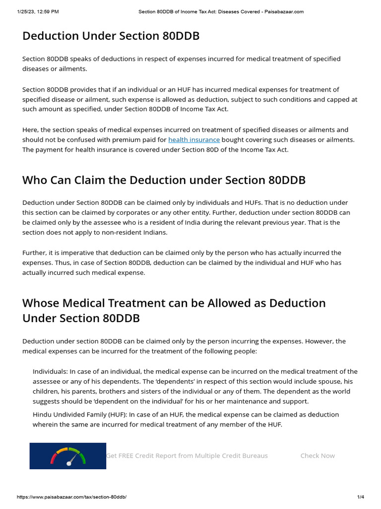 Section 80DDB of Income Tax Act - Diseases Covered | PDF | Tax Deduction | Expense