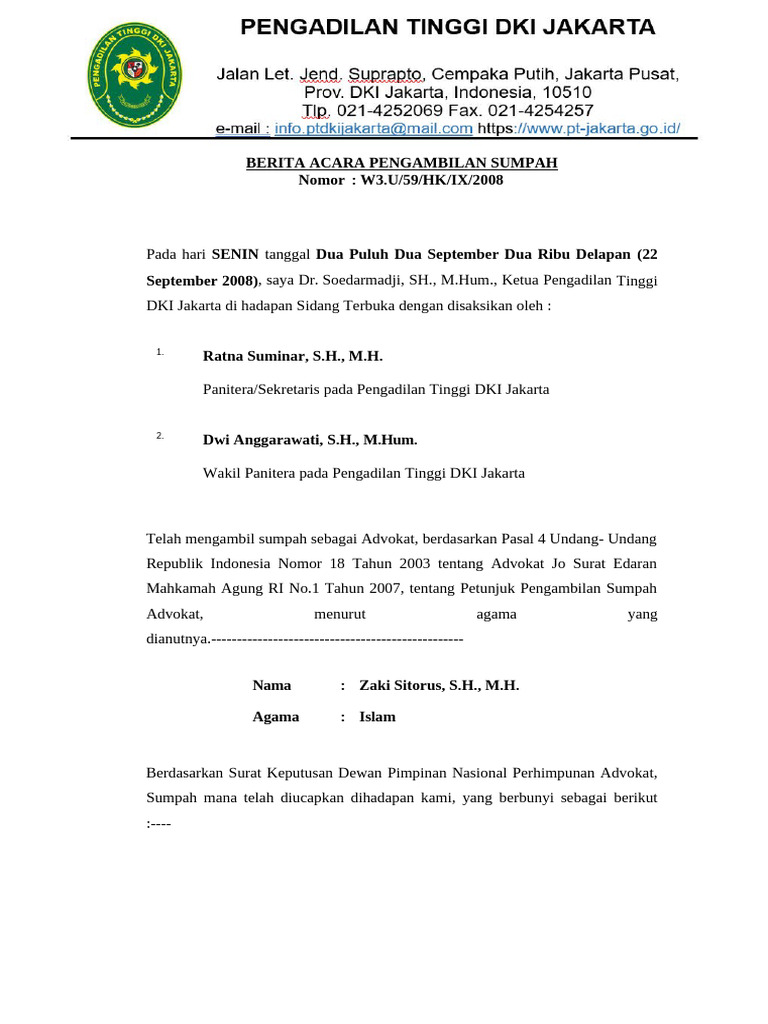 Berita Acara Sumpah (BAS) Advokat | PDF