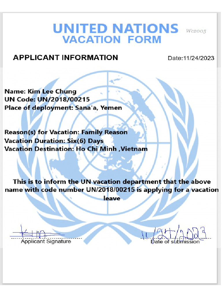 UN Vacation Form 2 | PDF