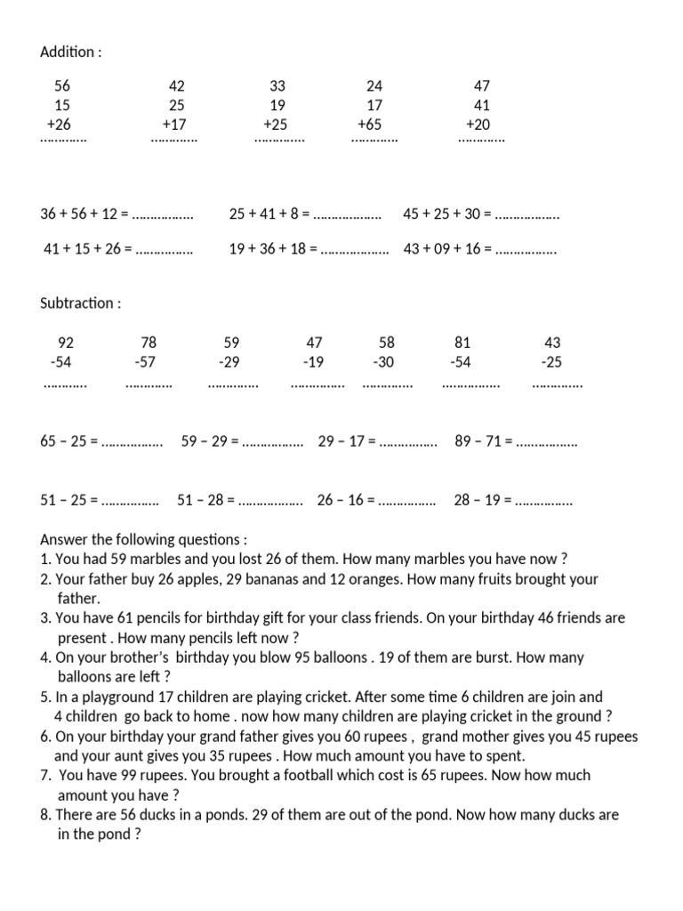 Addition and Subtraction Practice Questions | PDF
