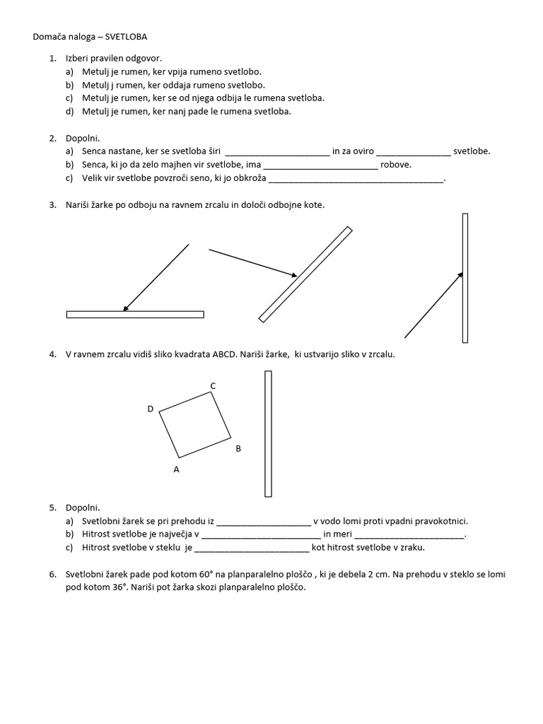 Fizika 8 Svetloba Naloge | PDF