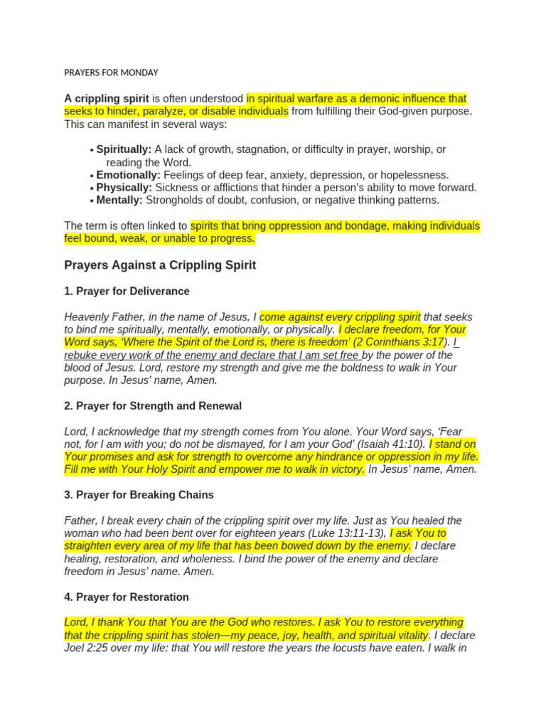 CRIPPLING SPIRIT PRAYERS FOR MONDAY | PDF | Prayer | Deliverance Ministry