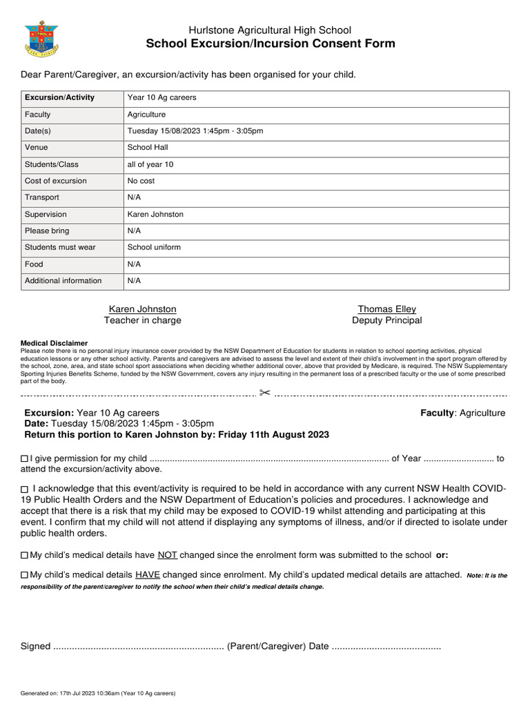 School Excursion/Incursion Consent Form: Hurlstone Agricultural High ...