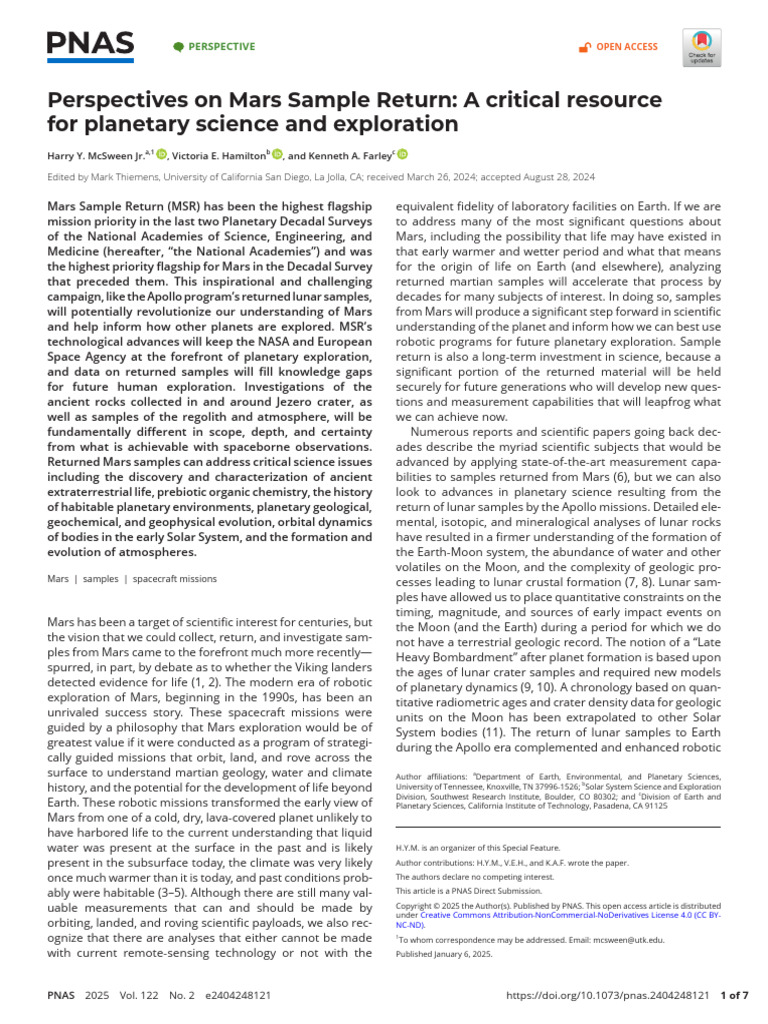Mcsween Et Al 2025 Perspectives On Mars Sample Return A Critical ...