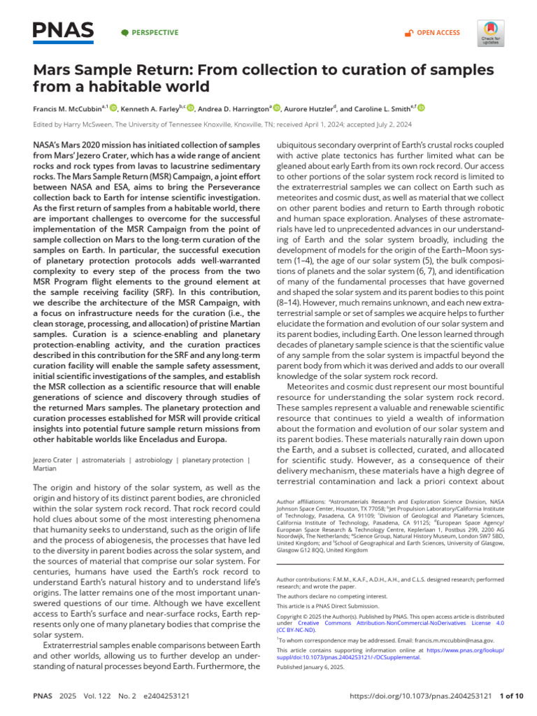 Mccubbin Et Al 2025 Mars Sample Return From Collection to Curation of Samples From a Habitable ...