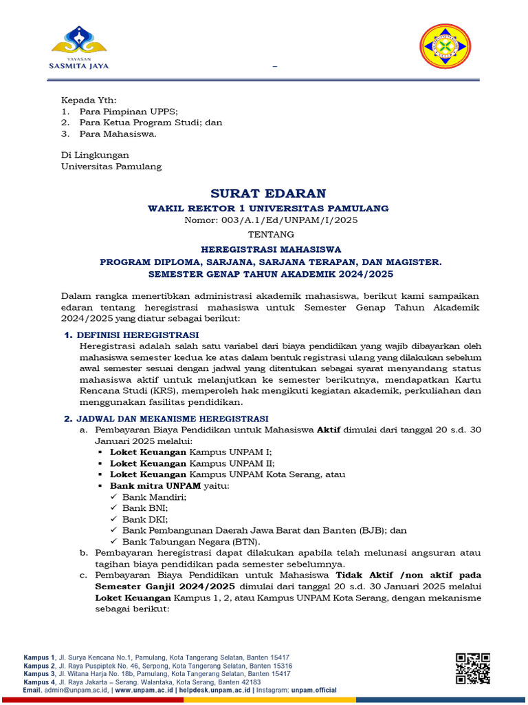 Se WR 1 Tentang Herregistrasi Mahasiswa Semester Genap 2024-2025 | PDF