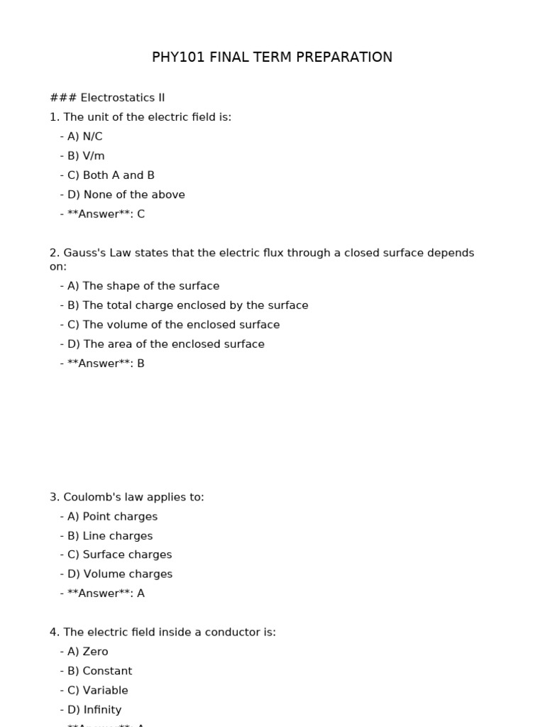 Phy101 Final Term Preparation | PDF | Electric Field | Capacitance