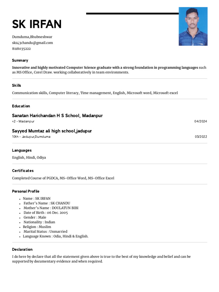 Sk Irfan Resume | PDF