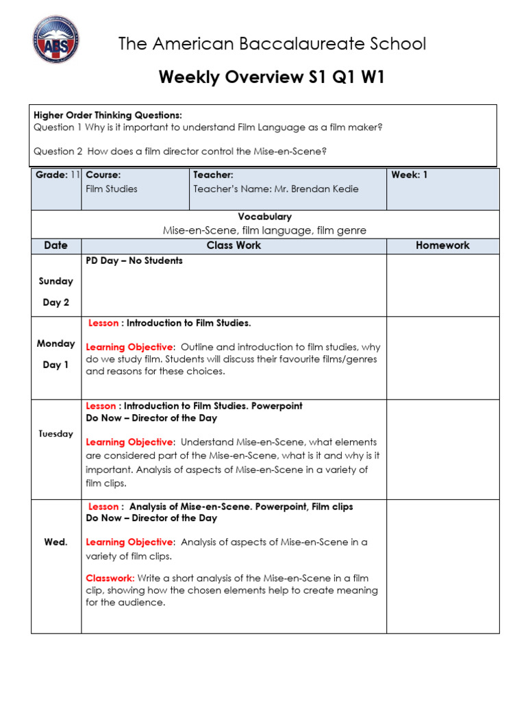 Film Studies Weekly Overview: S1 Q1 W1 | PDF | Learning | Cognition