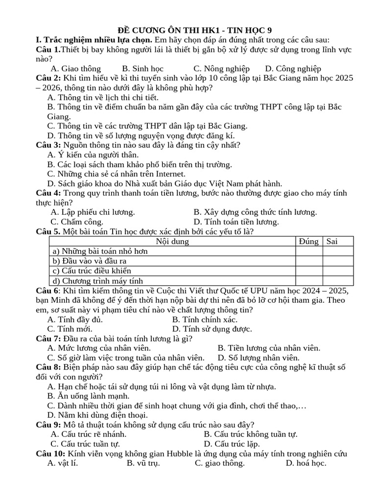 ĐỀ CƯƠNG ÔN THI HK1 | PDF