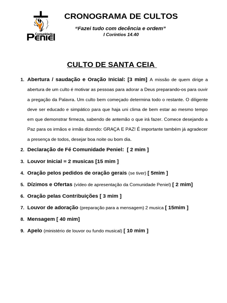 Cronograma Culto de Santa Ceia | PDF
