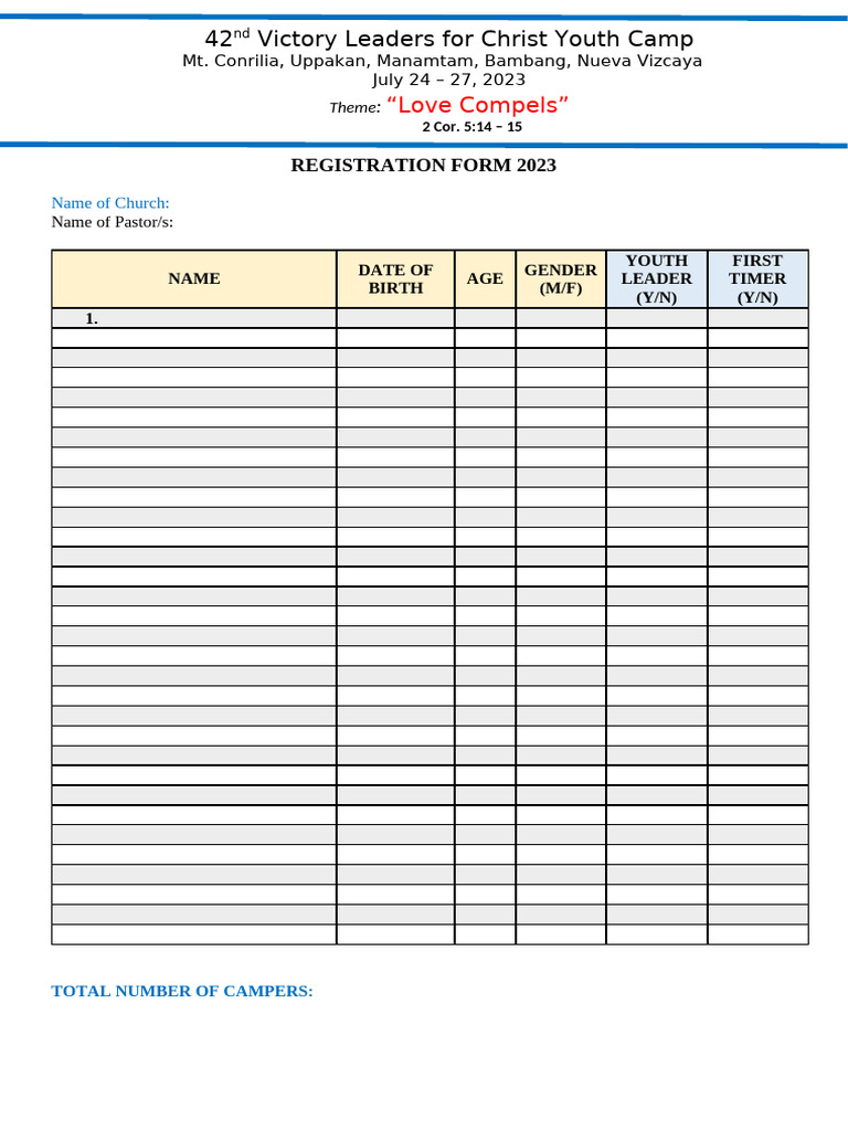 VLC Youth Camp 2023 Registration Form | PDF