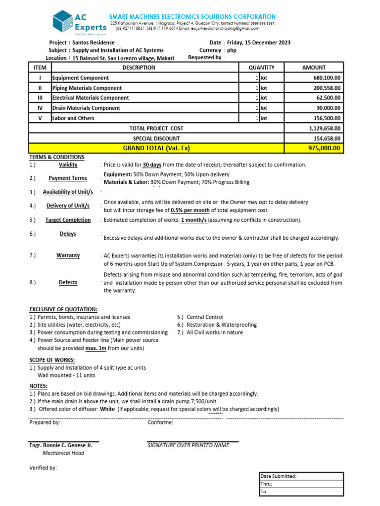 Santos Residence AC Quotation | PDF