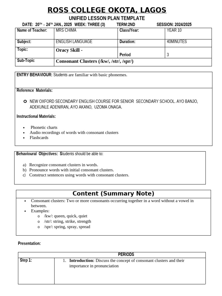 YEAR 10 ENG 2ND TERM LESSON PLAN WK 3 | PDF | Grammatical Tense | Consonant