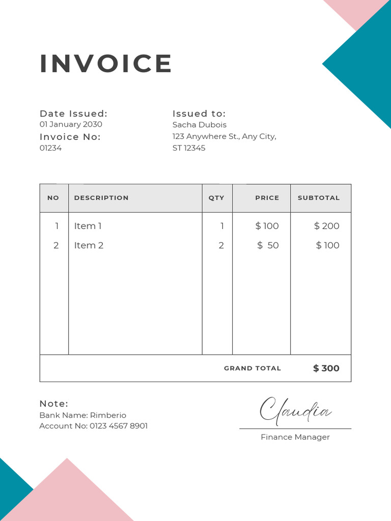 Pink and Teal Modern Minimalist Business Invoice | PDF