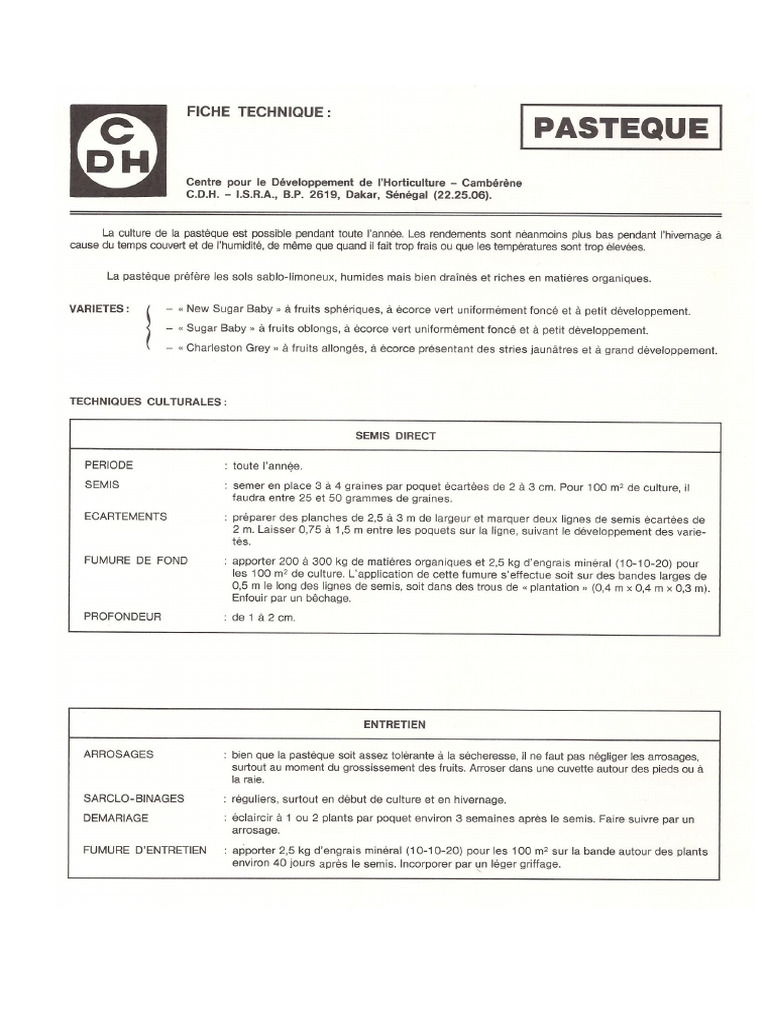 Fiche Technique Pasteque ISRA CDH | PDF
