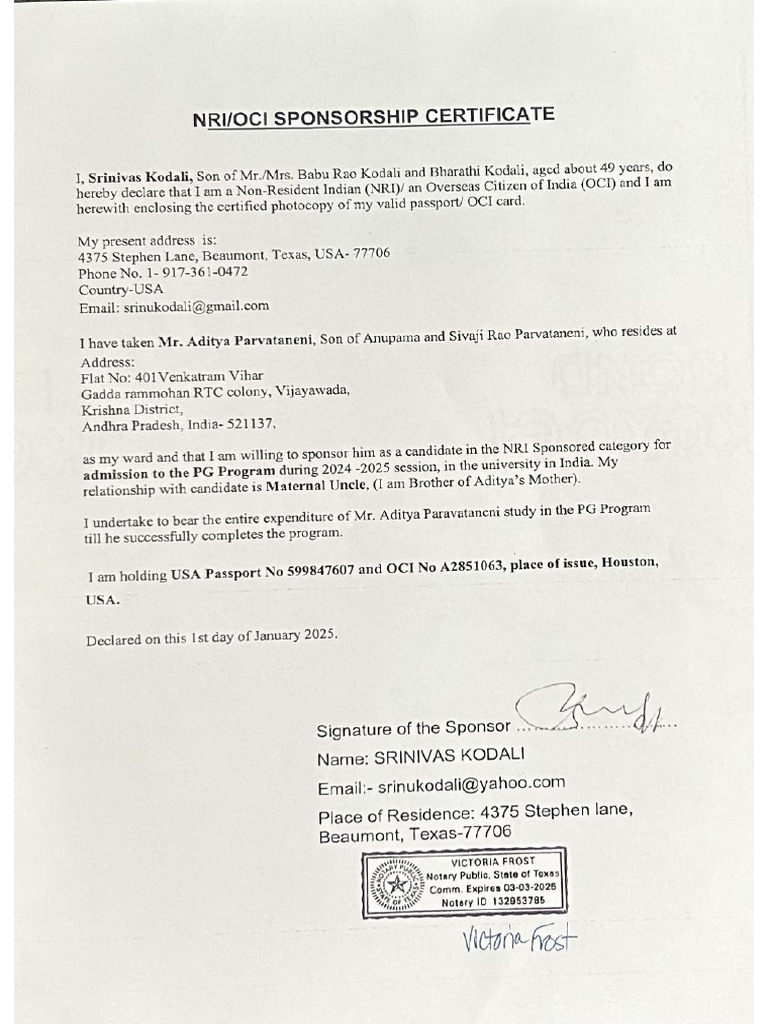 Oci Sponsporship Certificate | PDF