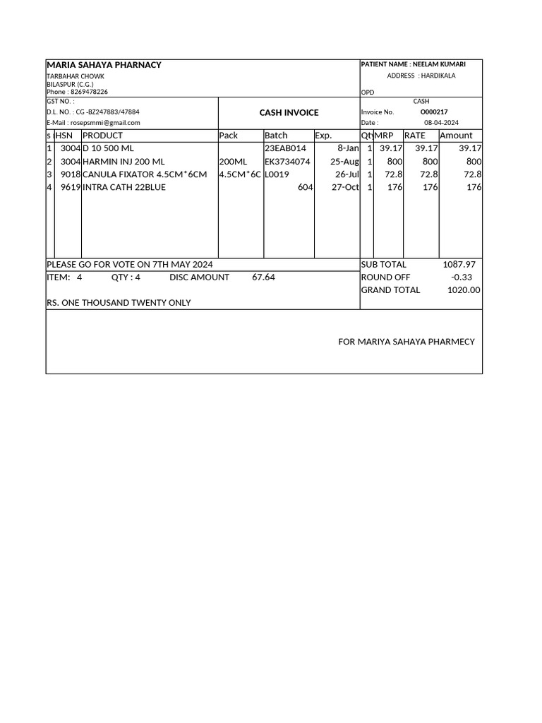 Pharmacy Invoice for Harmin Inj | PDF