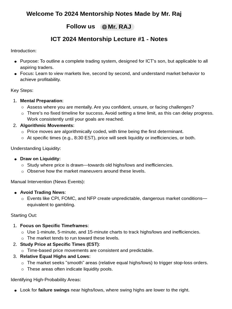 ICT 2024 Mentorship Lecture Notes | PDF | Day Trading | Standard Deviation