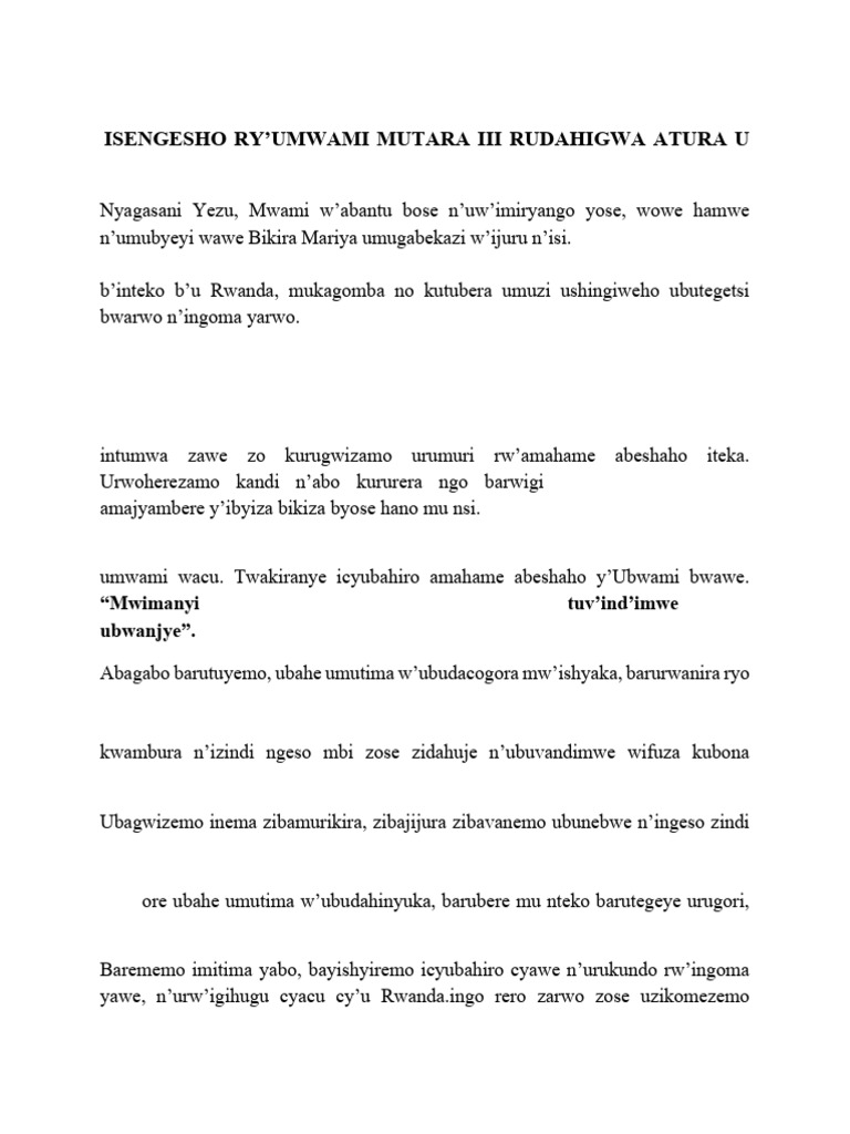 Isengesho Rya Rudahigwa | PDF | Tutsi