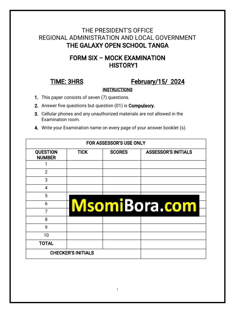 Form Six History Mock Exam 2024 | PDF