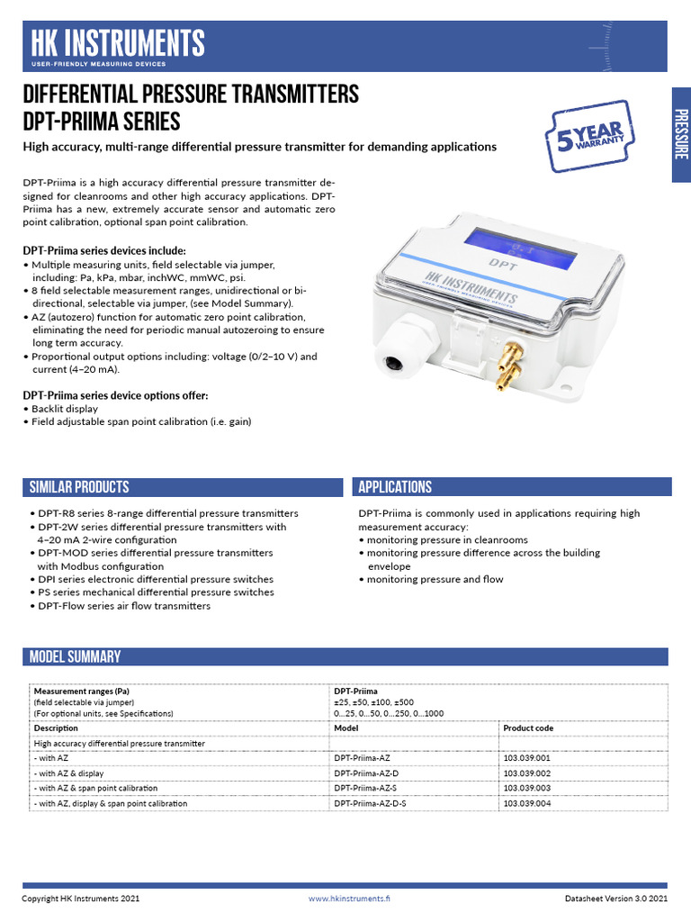 DPT Priima Series - Datasheet 3.0 | PDF | Pressure Measurement | Calibration