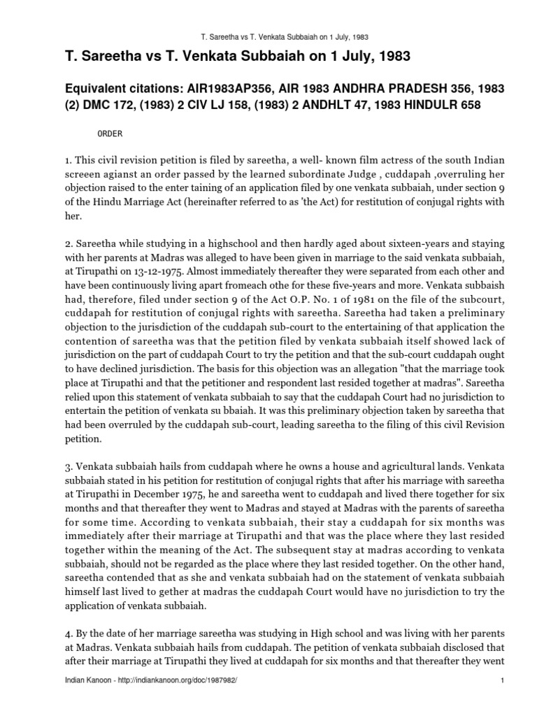 T Sareetha Vs T Venkata Subbaiah On 1 July 1983 | PDF | Marriage | Privacy