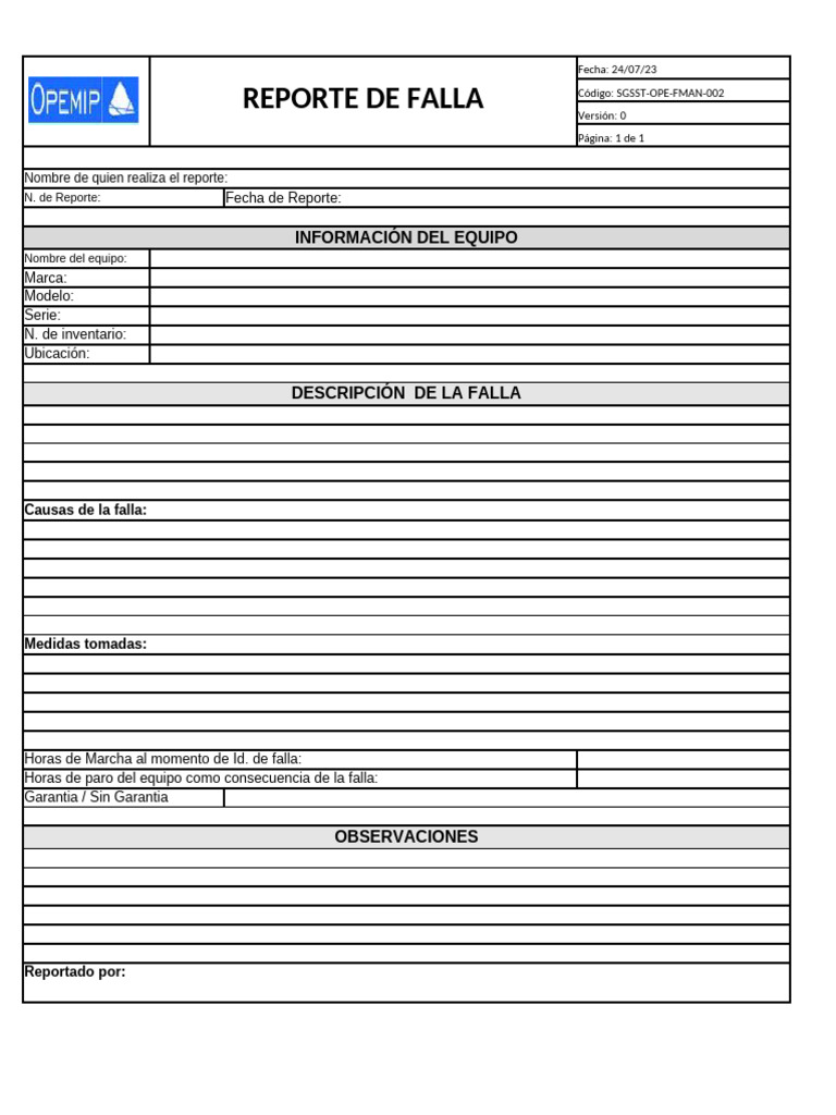 SGSST-OPE-FMAN-002_Formato de Reporte-de-Fallas | PDF