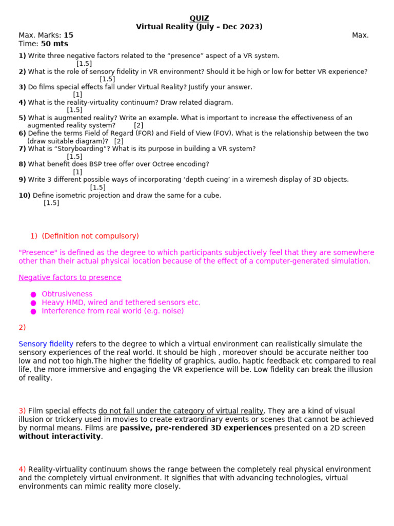 VR_Quiz_ans-1 | PDF | Virtual Reality | Augmented Reality