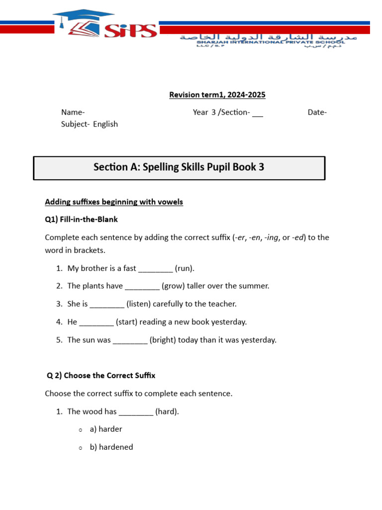 Year 3 English Suffix Practice | PDF | Spelling | Linguistics