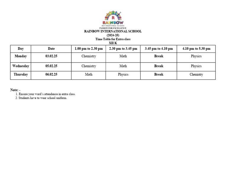 XII K Extra Class Schedule | PDF