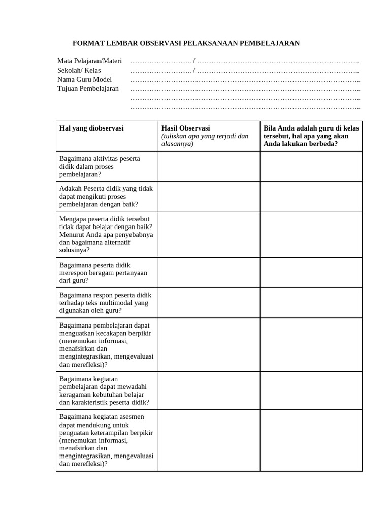 Lembar Observasi Pelaksanaan Pembelajaran | PDF