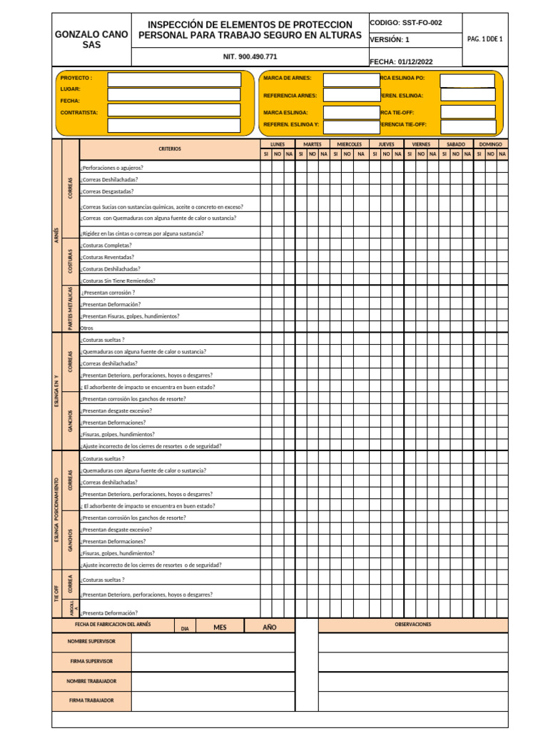 Sst-fo-002- Inspeccion Equipos de Alturas | PDF