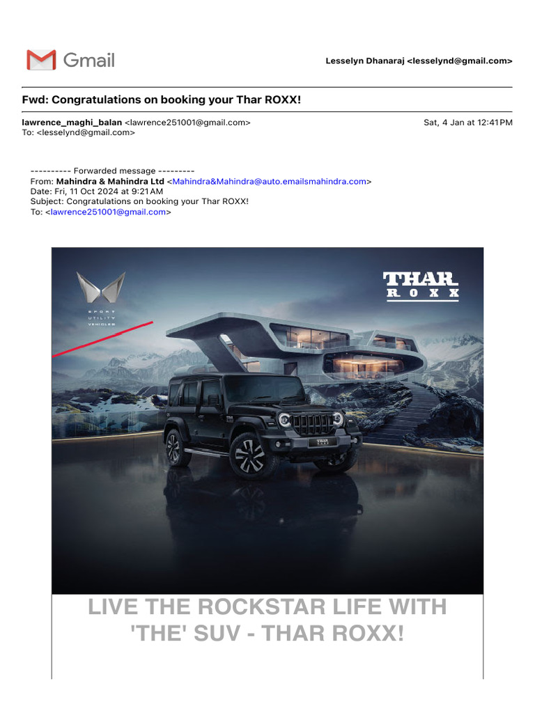 Fwd- Congratulations on Booking Your Thar ROXX! | PDF | Car | Transport