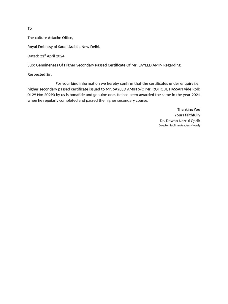 Letter to Royal Embassy | PDF