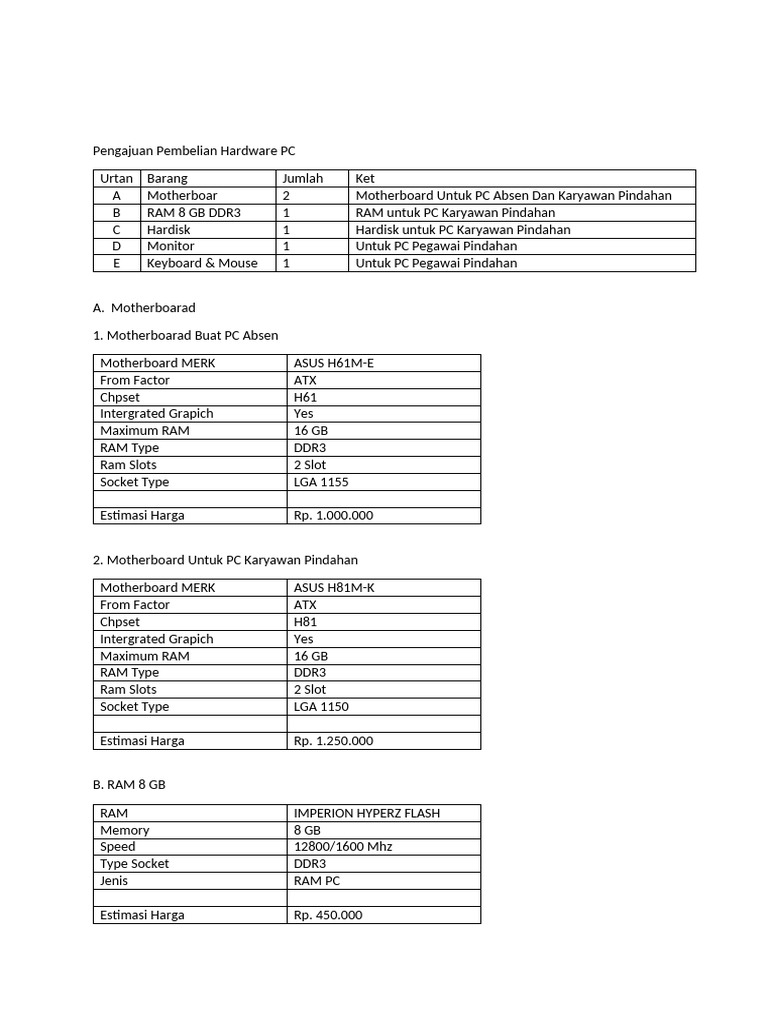 Pengajuan Pembelian Hardware PC | PDF