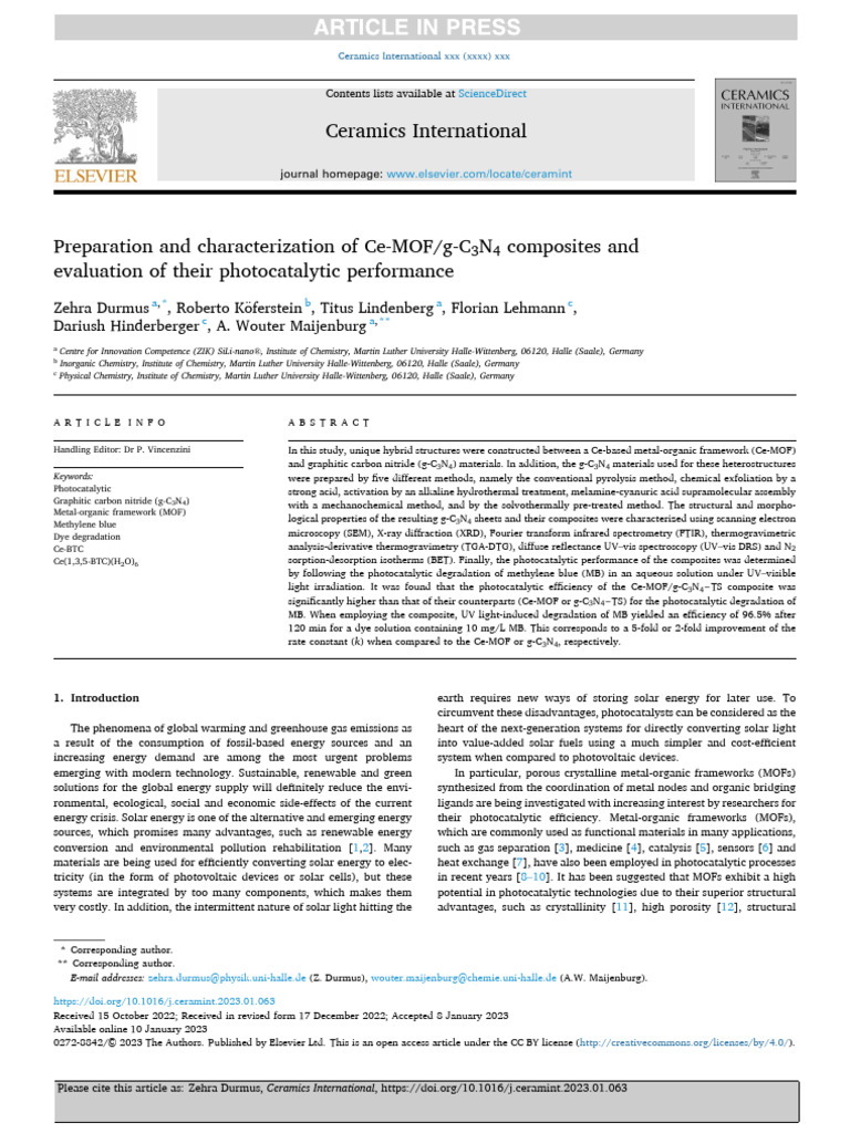 83 CERI Ce MOF C3N4 | PDF | Lanthanide | Band Gap