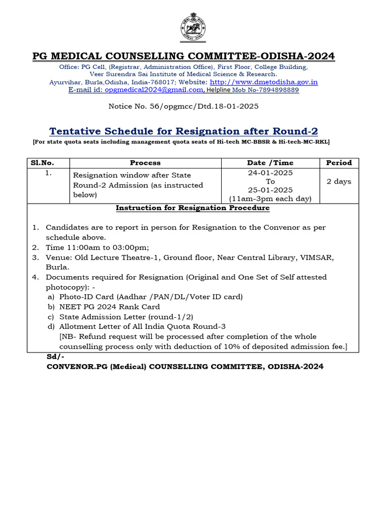 Neet Advisor Odisha PG R2 Resignation Schedule 18-01-2025 | PDF