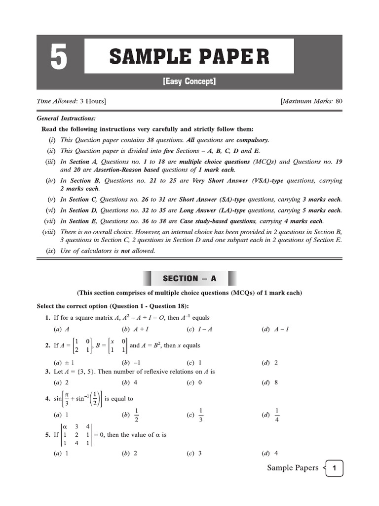 Cbse cl12 Ead Mathematics Easy Paper 5 | PDF