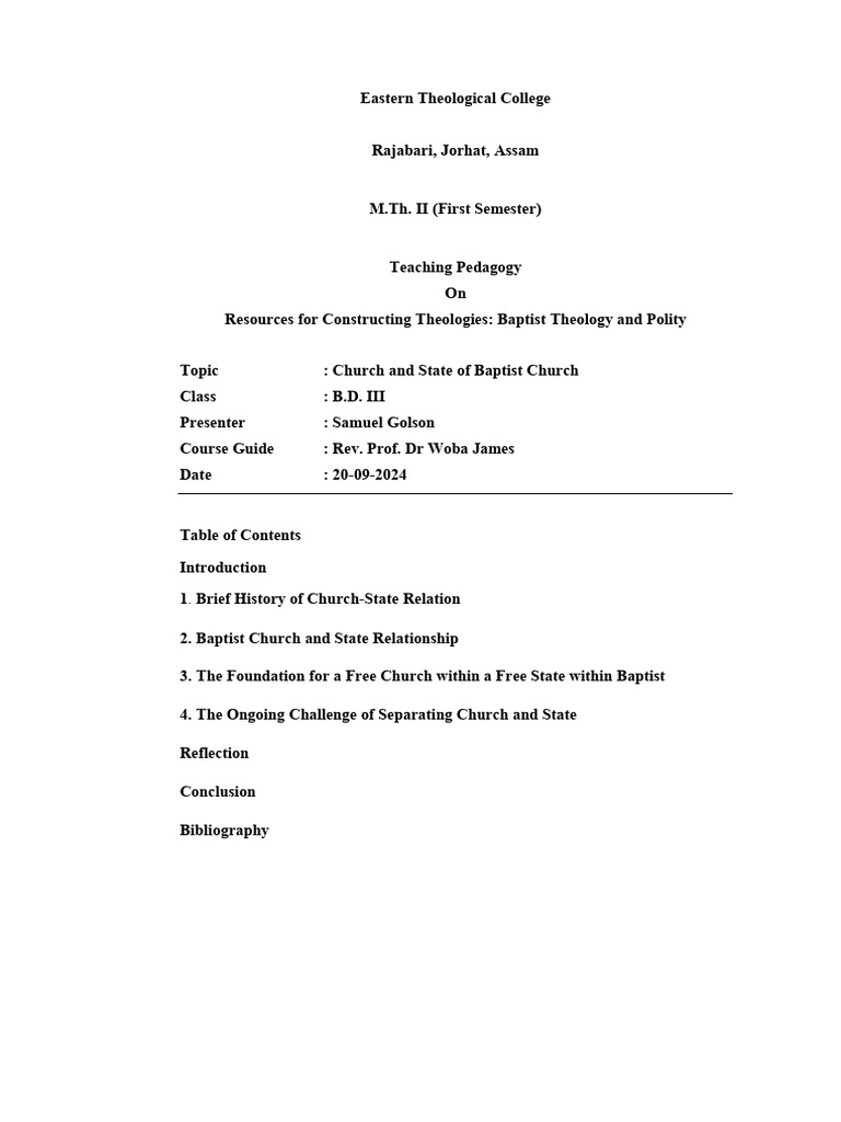 Baptist Church and State Relations Explained | PDF | Separation Of ...