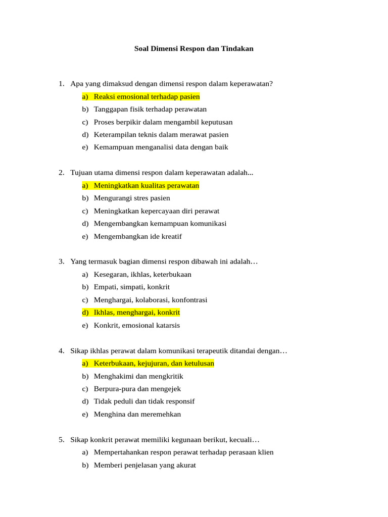 Soal Dimensi Respon Dan Tindakan Dan Jawabannya | PDF