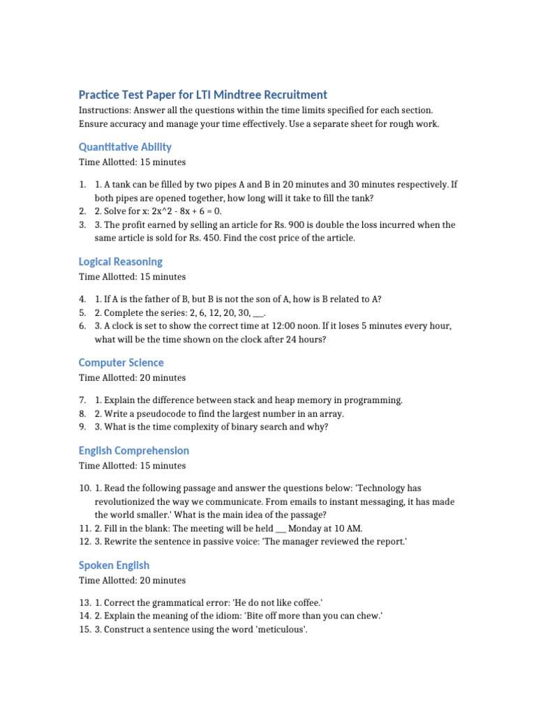 LTI Mindtree Practice Test | PDF