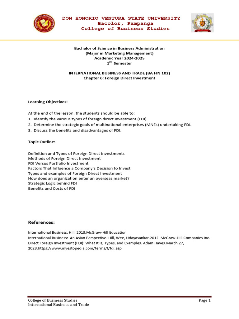 BAFIN 102 Ch6 - Foreign Direct Investment | PDF | Foreign Direct Investment | Balance Of Payments