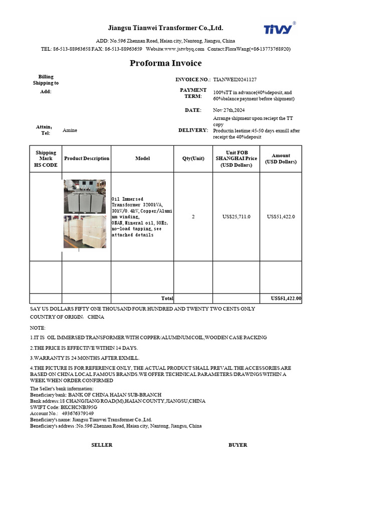 3200KVA-Tianwei Quotation 20241127-Update | PDF | Transformer | Materials Science
