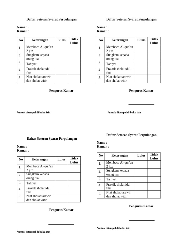 Daftar Setoran Syarat Perpulangan | PDF